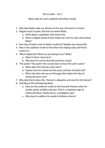 The Crucible Act One - Study questions (and answers!) with detailed ...