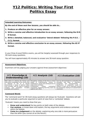 Politics Essay Writing Skills (Edexcel) | Teaching Resources