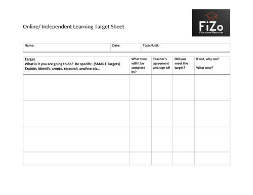 Online/ independent learning target sheet | Teaching Resources