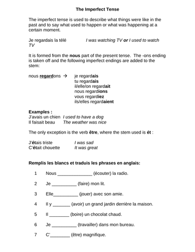 The Imperfect Tense in French | Teaching Resources