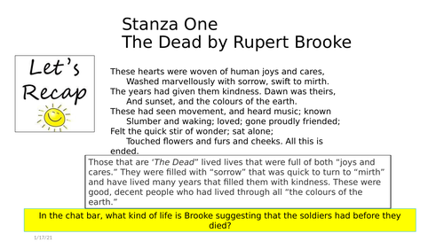 RUPERT BROOKE THE DEAD 3 LESSONS REMOTE OR NOT KS3 ENGLISH | Teaching ...