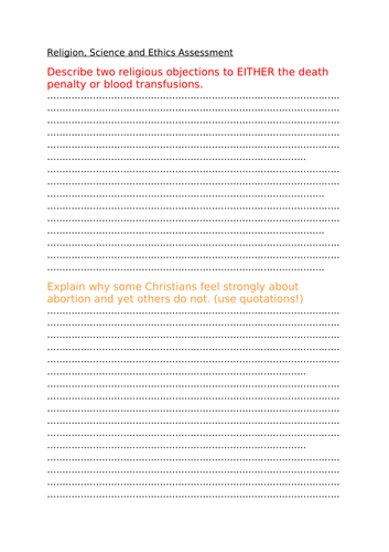 Religion, Ethics and Science Assessment | Teaching Resources