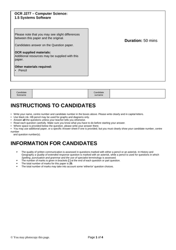 J277 OCR 1.5 Systems Software SoW | Teaching Resources