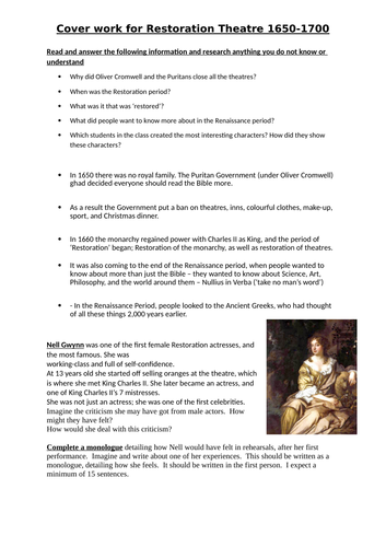 KS3 DRAMA - RESTORATION THEATRE SOL | Teaching Resources