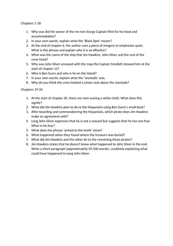 Treasure Island Comprehension Questions | Teaching Resources Treasure Island Comprehension Questions | Teaching Resources