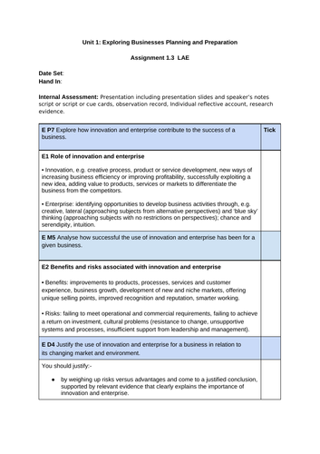 BTEC Business Level 3 Unit 1 Exploring Business - Writing Frames ...