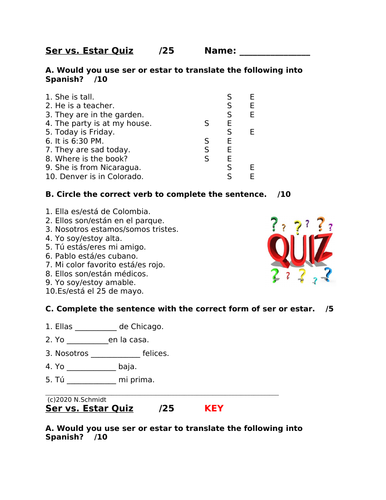 Ser vs Estar Quiz | Teaching Resources