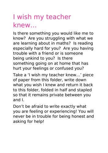 I wish my teacher knew... Emotional Resilience/Relationship Building ...