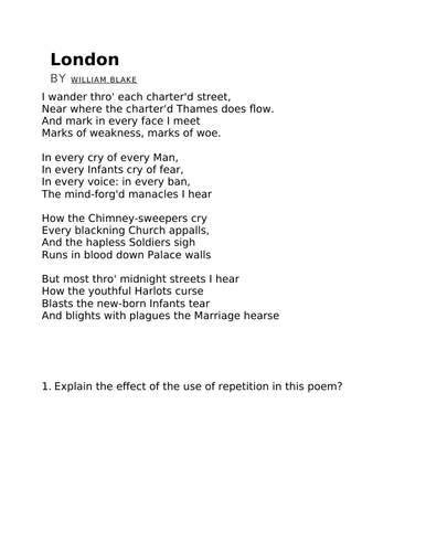 AQA GCSE printable worksheet for lesson LONDON by William Blake ...