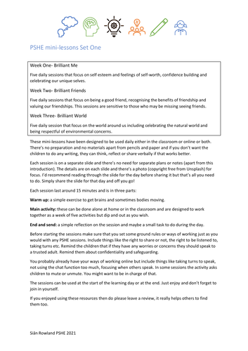 PSHE KS2 daily mini-sessions. Three sets/ weeks online or face to face ...