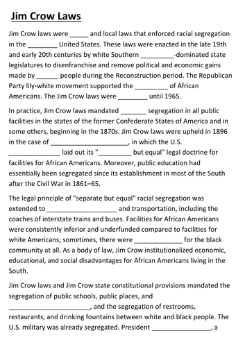 Jim Crow Laws Cloze Activity | Teaching Resources
