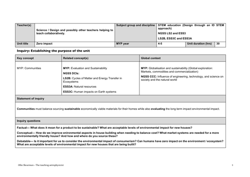 MYP NGSS Unit plan sustainable housing | Teaching Resources
