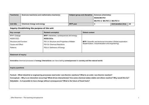 IB MYP unit planner - Chemical change | Teaching Resources