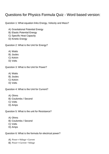 Physics Formulas & Units quiz IGCSE | Teaching Resources