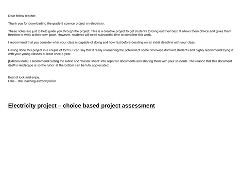 Grade 7/8/9 Electricity project | Teaching Resources
