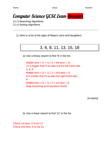 GCSE Exam Questions Search & Sorting Algorithms Computer Science ... GCSE Exam Questions Search & Sorting Algorithms Computer Science ...
