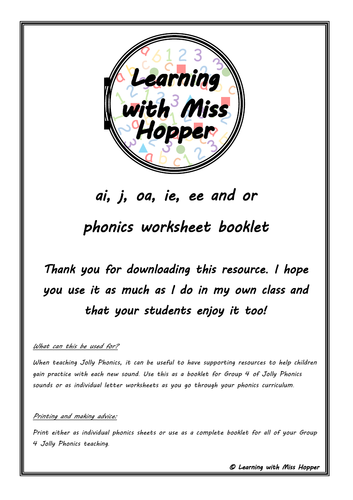 ai, j, oa, ie, ee and or phonics worksheet booklet | Teaching Resources