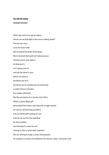The Hill We Climb by Amanda Gorman | Teaching Resources