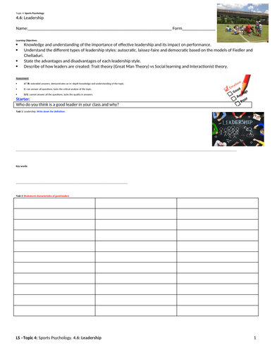A-level PE Edexcel (Spec 2016) 4.6. Leadership | Teaching Resources