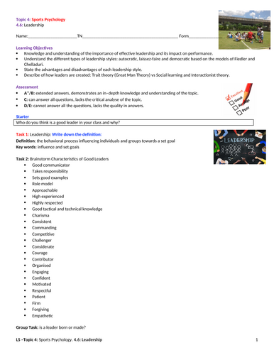 A-level PE Edexcel (Spec 2016) 4.6. Leadership | Teaching Resources