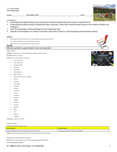 A-level PE Edexcel (Spec 2016) 4.6. Leadership | Teaching Resources