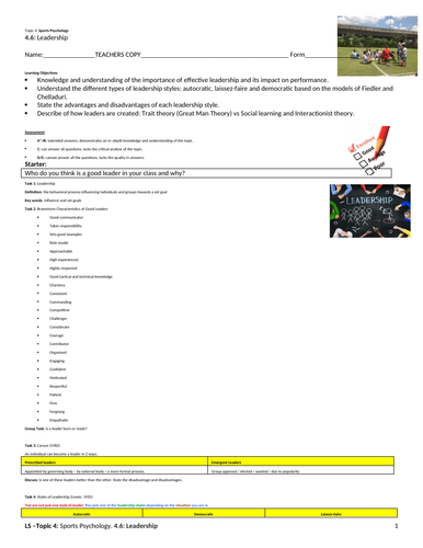 A-level PE Edexcel (Spec 2016) 4.6. Leadership | Teaching Resources