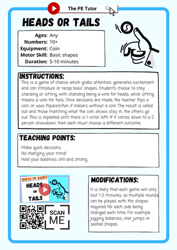 Heads or Tails : Primary PE Games | Teaching Resources