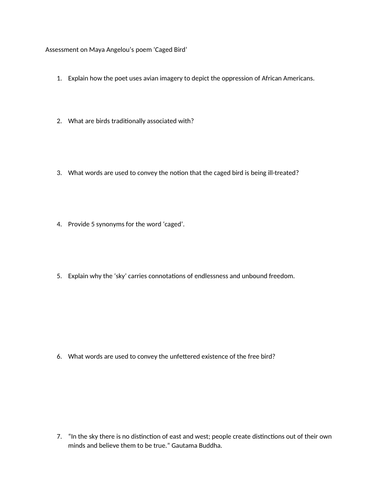 Complete Lesson Worksheet on the analysis of CAGED BIRD by Maya Angelou ...