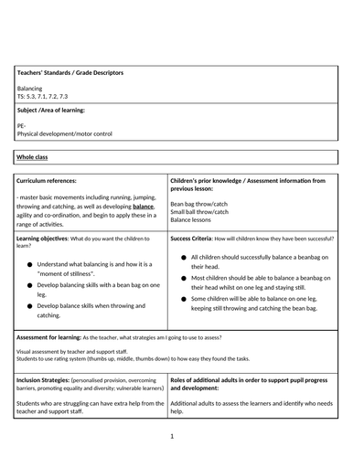 Year 1/2 PE Beanbag Balance Lesson Plan | Teaching Resources