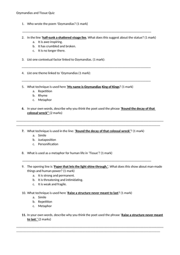 Ozymandias and Tissue Poetry Lesson Grade 4 and Grade 5-6 | Teaching ...