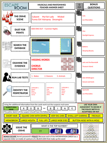 Musicals and Pantomimes Escape Room | Teaching Resources