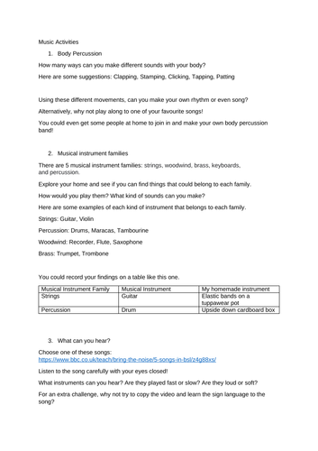 Music Home Learning Activities Year 2 | Teaching Resources