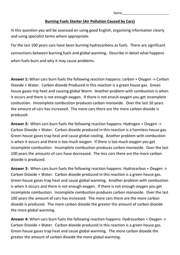 AQA KS4 GCSE Chemistry (Science) Atmospheric Pollutants Lesson ...