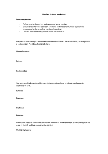 AQA A-level CS - Number systems worksheet | Teaching Resources