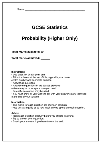 Probability Exam Questions (GCSE Statistics) | Teaching Resources