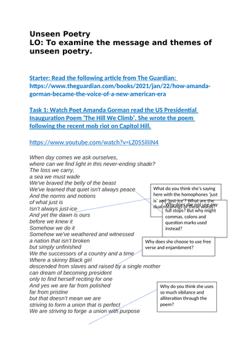 Amanda Gorman/Maya Angelou Unseen Poetry | Teaching Resources