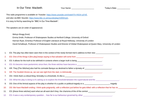 Macbeth standalone lesson / homework. Question sheet for pushing top ...