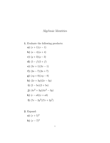 Algebraic Identities worksheet (with solutions) | Teaching Resources