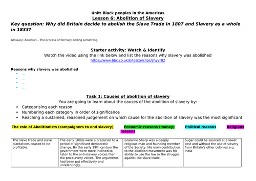 Abolition of slavery home learning worksheet | Teaching Resources