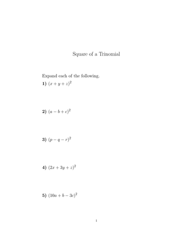 Square of a Trinomial worksheet (with solutions) | Teaching Resources