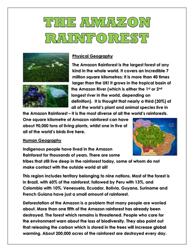 Amazon Rainforest Information Sheet (Physical and Human Geography ...