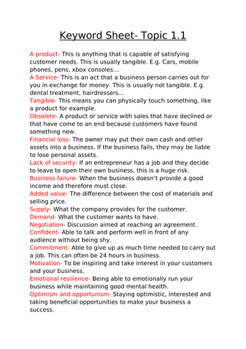 GCSE Business COMPLETE Keyword Sheets | Teaching Resources