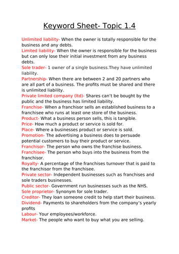 GCSE Business COMPLETE Keyword Sheets | Teaching Resources