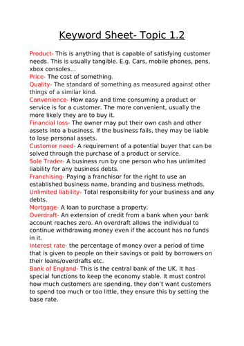 GCSE Business COMPLETE Keyword Sheets | Teaching Resources
