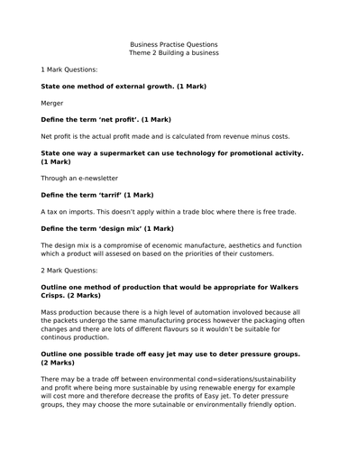GCSE Business Revision: 1 and 2 Mark questions and answers | Teaching ...