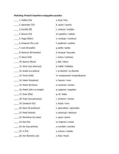 Preterit imperfect matching practice | Teaching Resources
