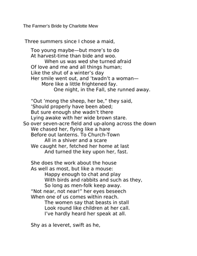 GCSE ENGLISH LITERATURE handout on Charlotte Mew's poem The Farmer's ...