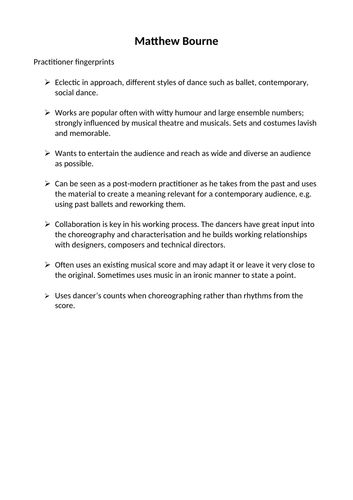 Matthew Bourne and 2 Works Analysis (A-Level Dance Independent ...