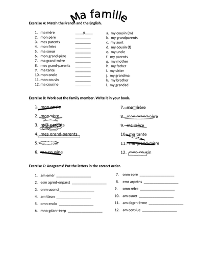 French family members worksheet KS3 | Teaching Resources