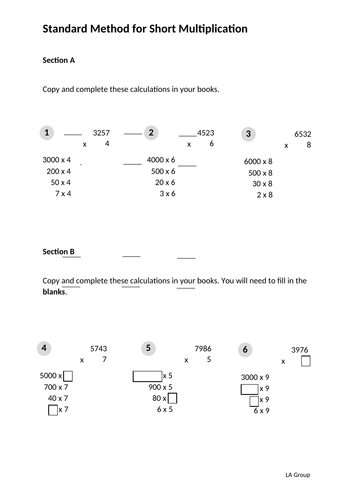Year 5 / 6 Standard Method for Short Multiplication Worksheet ...